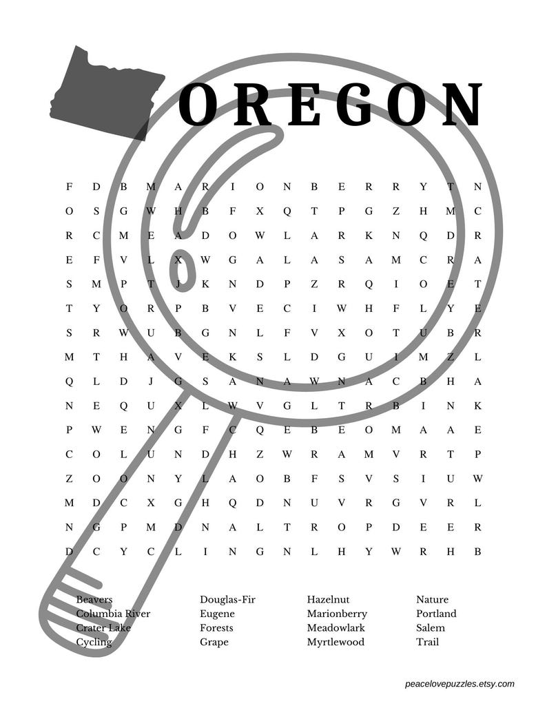 Oregon Word Search Puzzle: Learn & Play, US State Word Find (printable ...