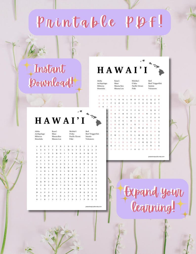 Hawaii Word Search Puzzle: Learn & Play Brain Game (digital Download ...