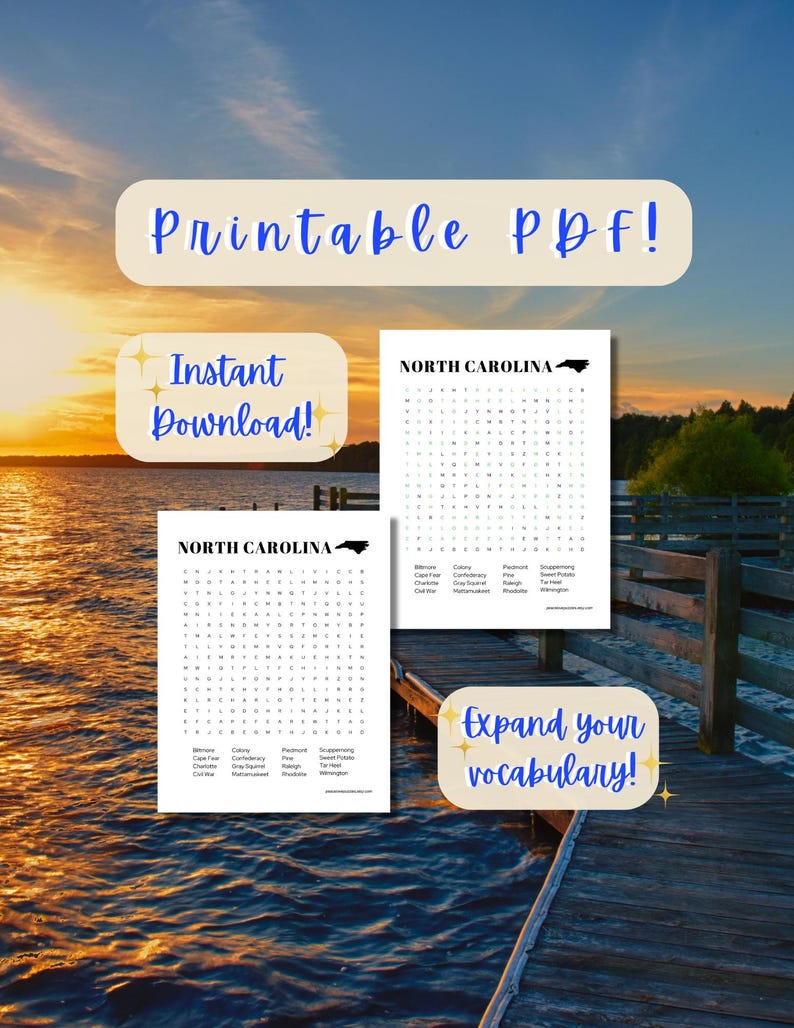 North Carolina Word Search Puzzle: US State Themed Word Find (printable ...