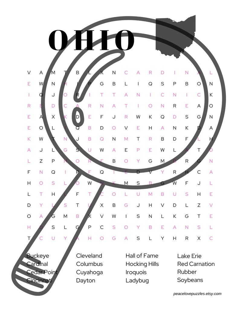 Ohio Word Search Puzzle: US State Word Find (printable PDF) - Etsy