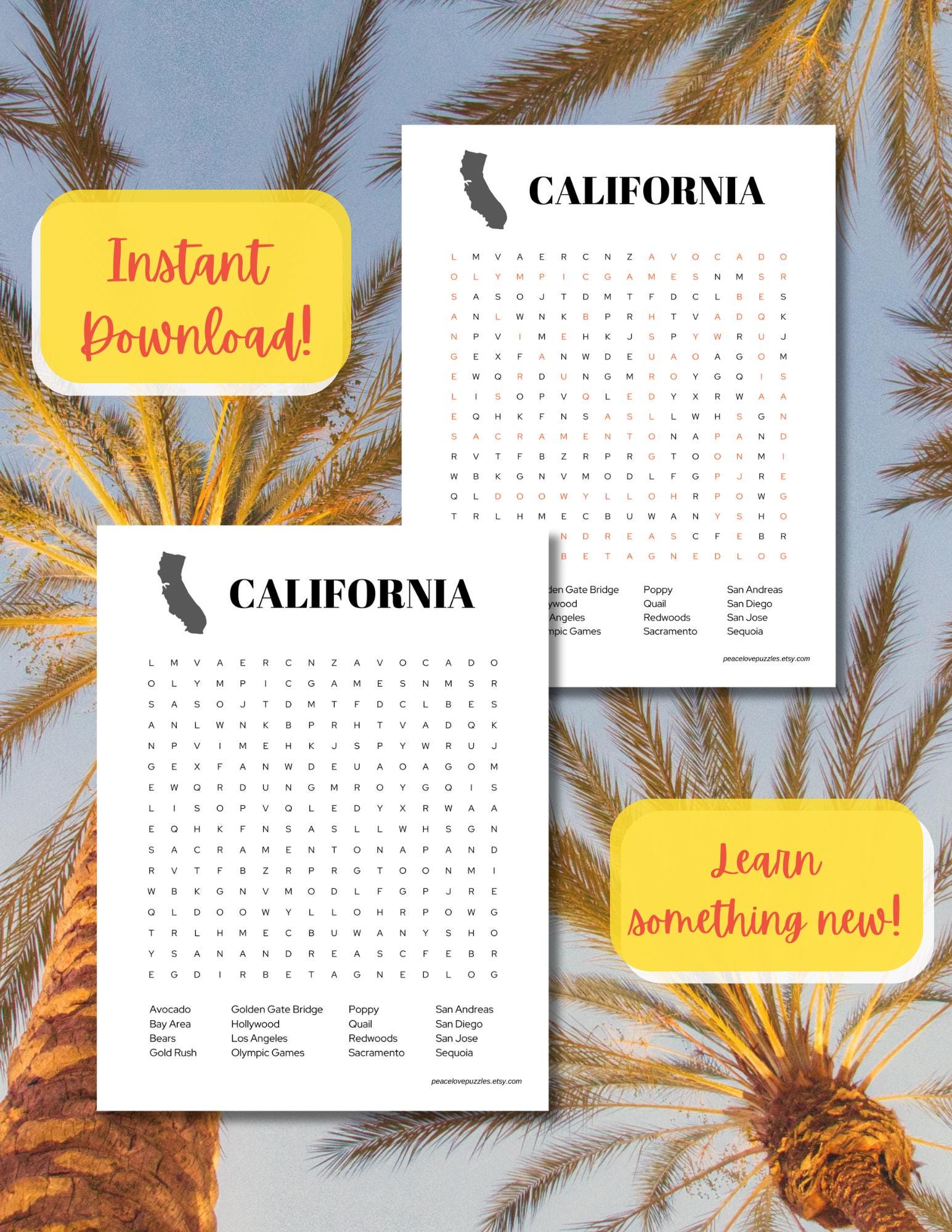 California Word Search Puzzle: Learn & Play (printable PDF) - Etsy