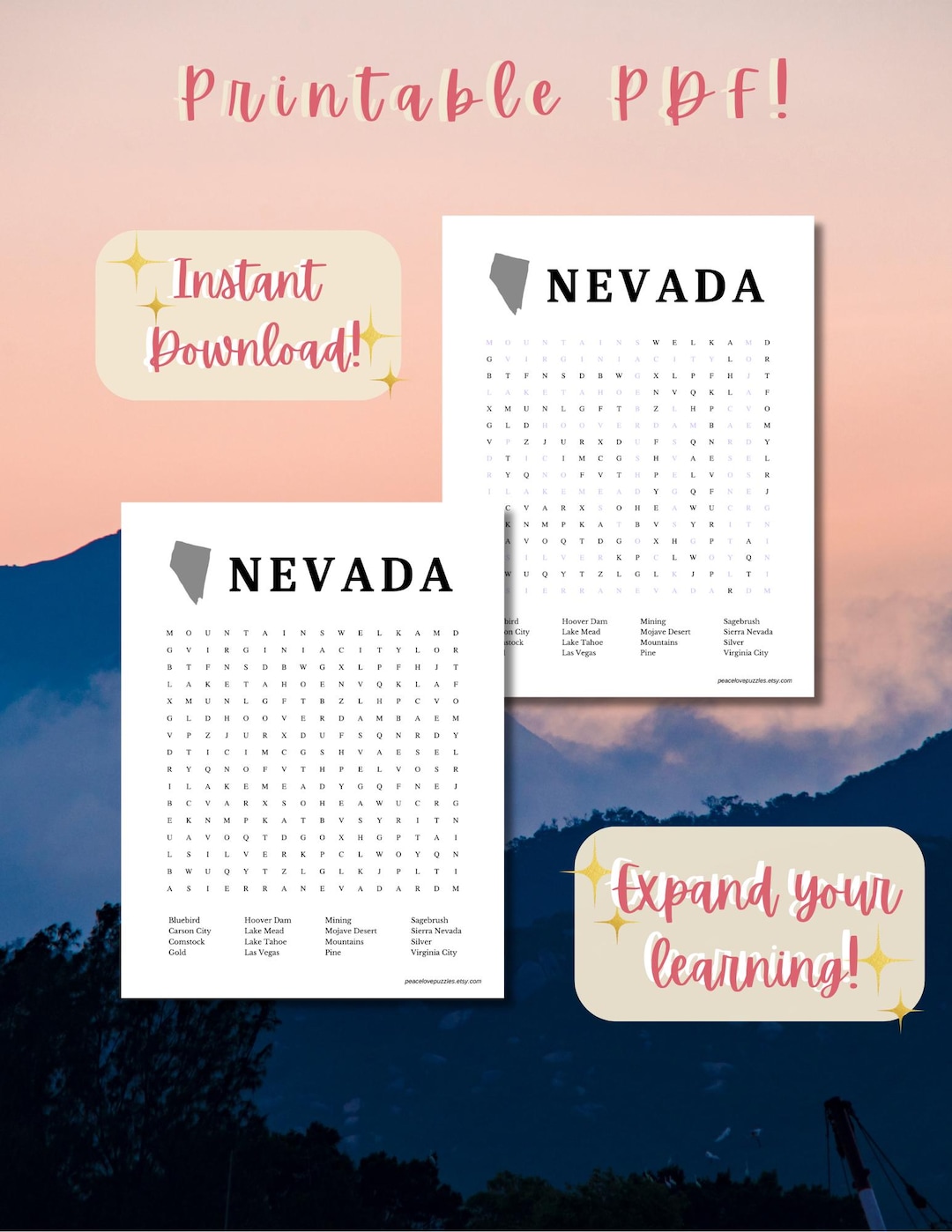 Nevada Word Search Puzzle: Themed Brain Game (printable PDF) - Etsy