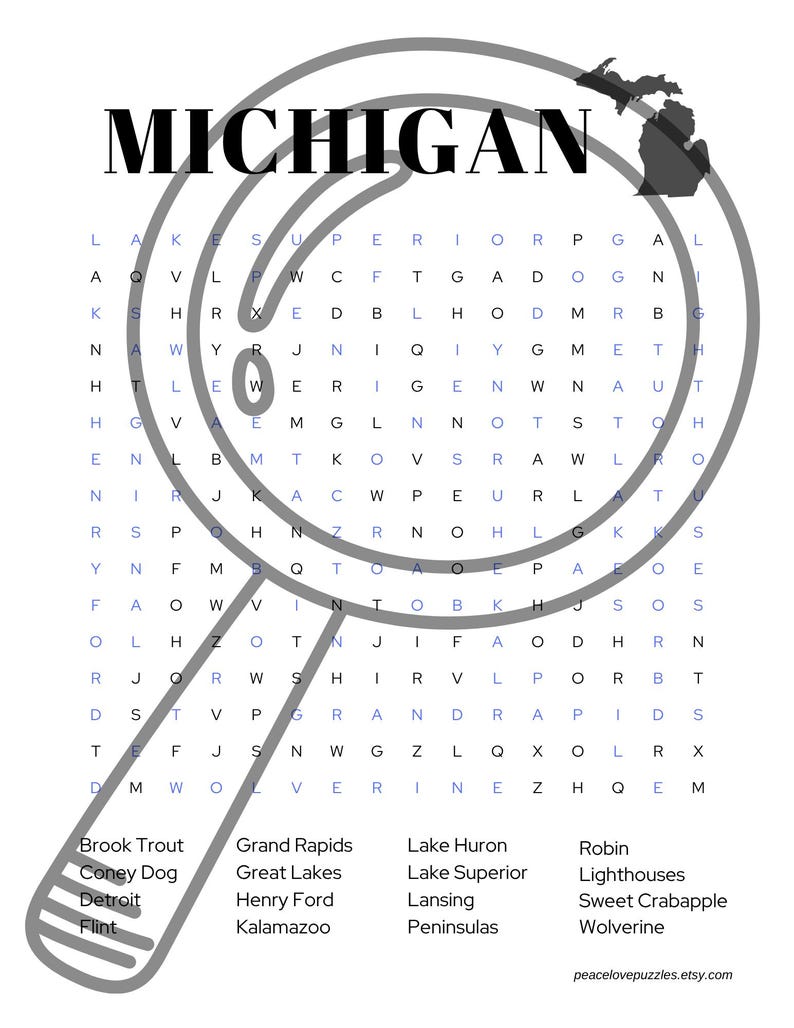 Michigan Word Search Puzzle: Fun Brain Game (printable PDF) - Etsy