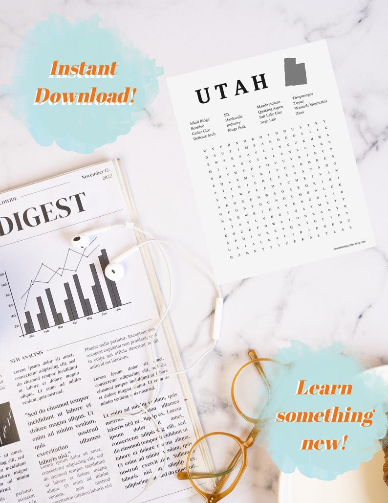 Utah Word Search Puzzle: Fun Travel Brain Game (printable PDF) - Etsy