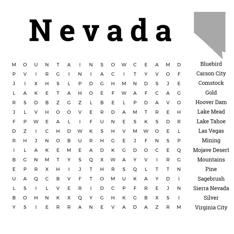 Nevada Word Search Educational Scavenger Hunt Fun Word Puzzle Word Find ...