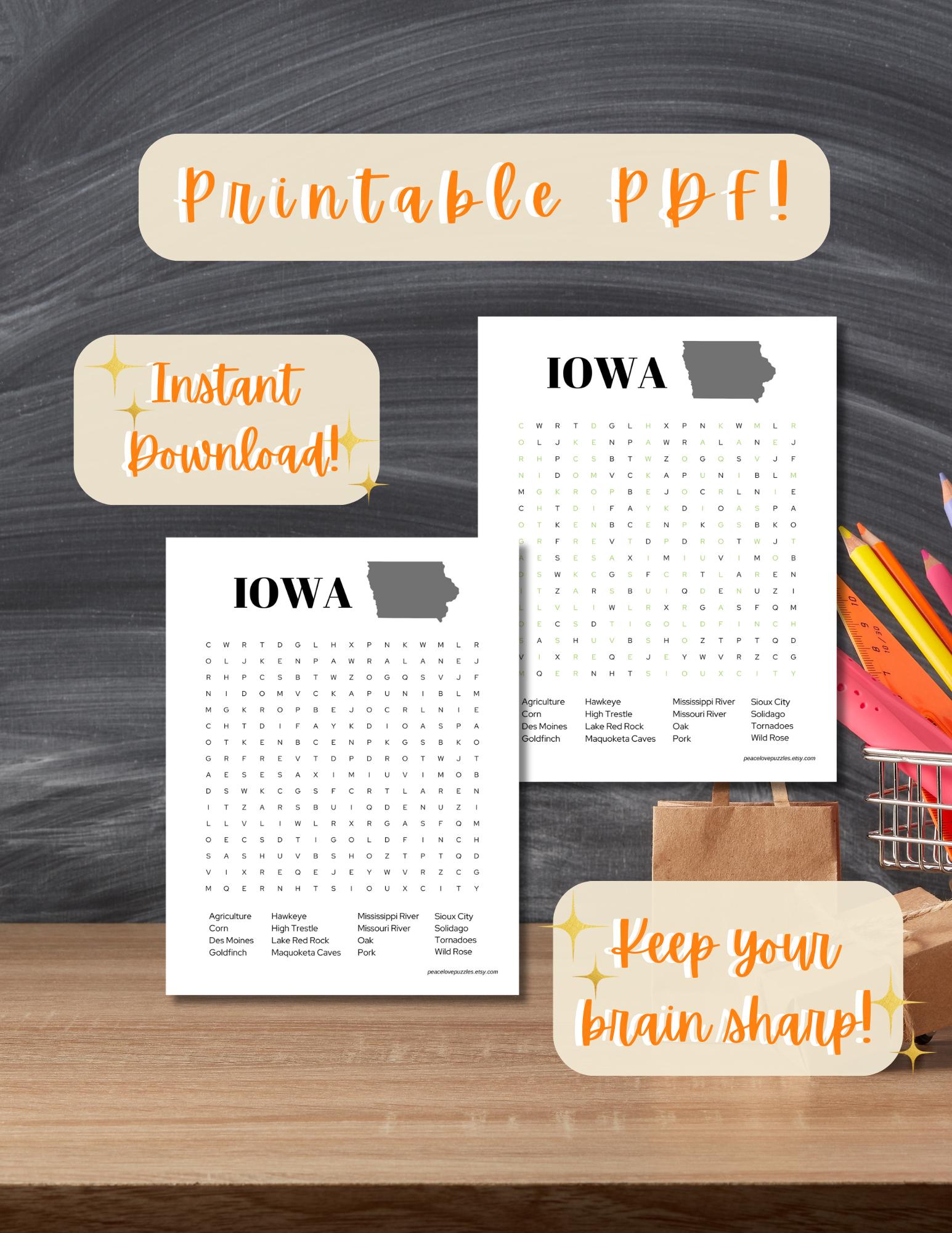 Iowa Word Search Puzzle: Learn & Play Brain Game (printable PDF) - Etsy