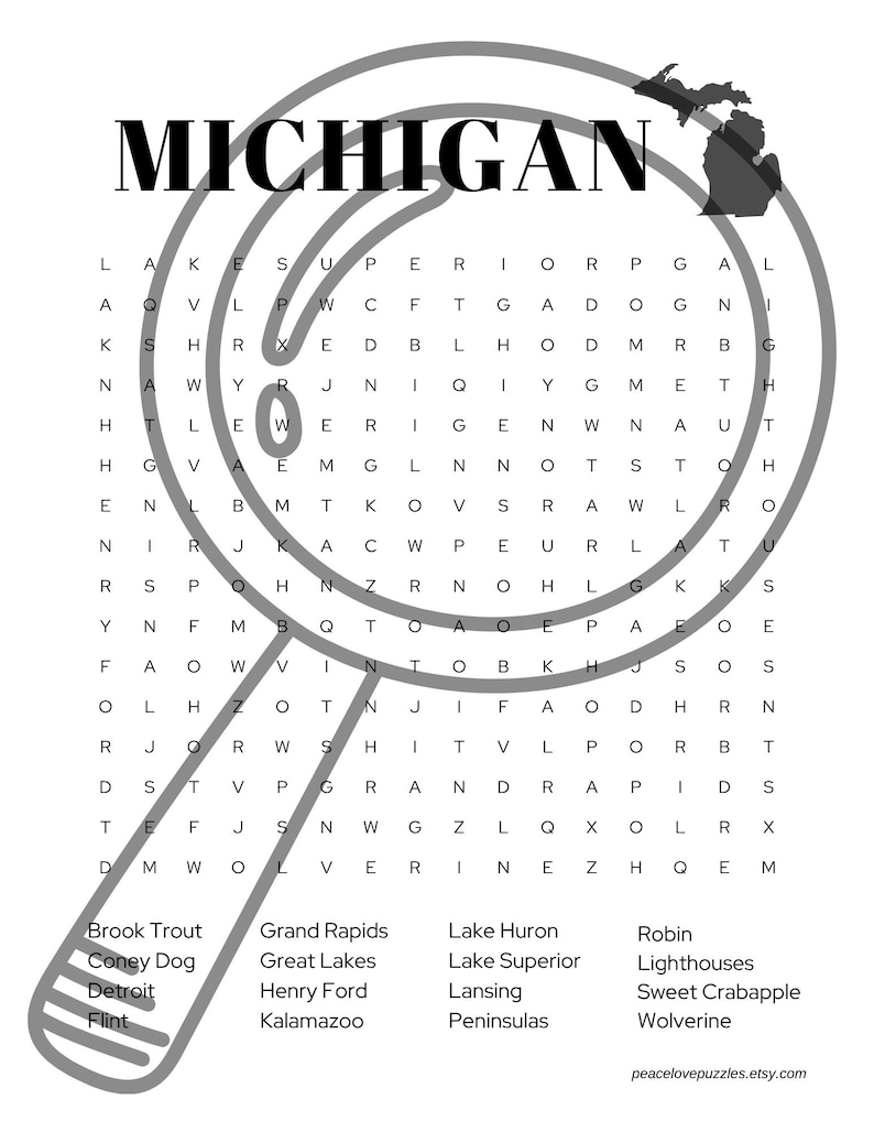 Michigan Word Search Puzzle: Fun Brain Game (printable PDF) - Etsy