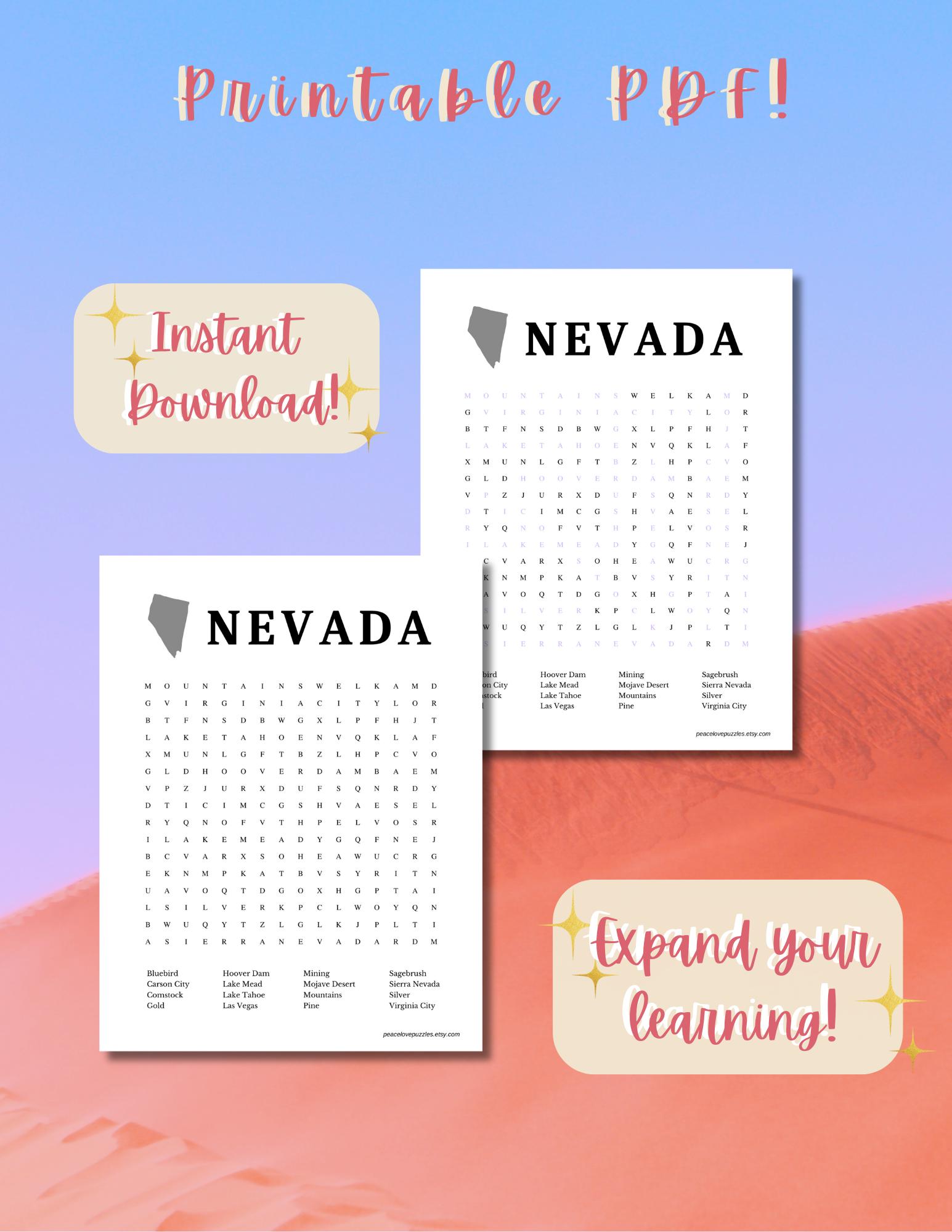 Nevada Word Search Puzzle: US State Word Find (printable PDF) - Etsy