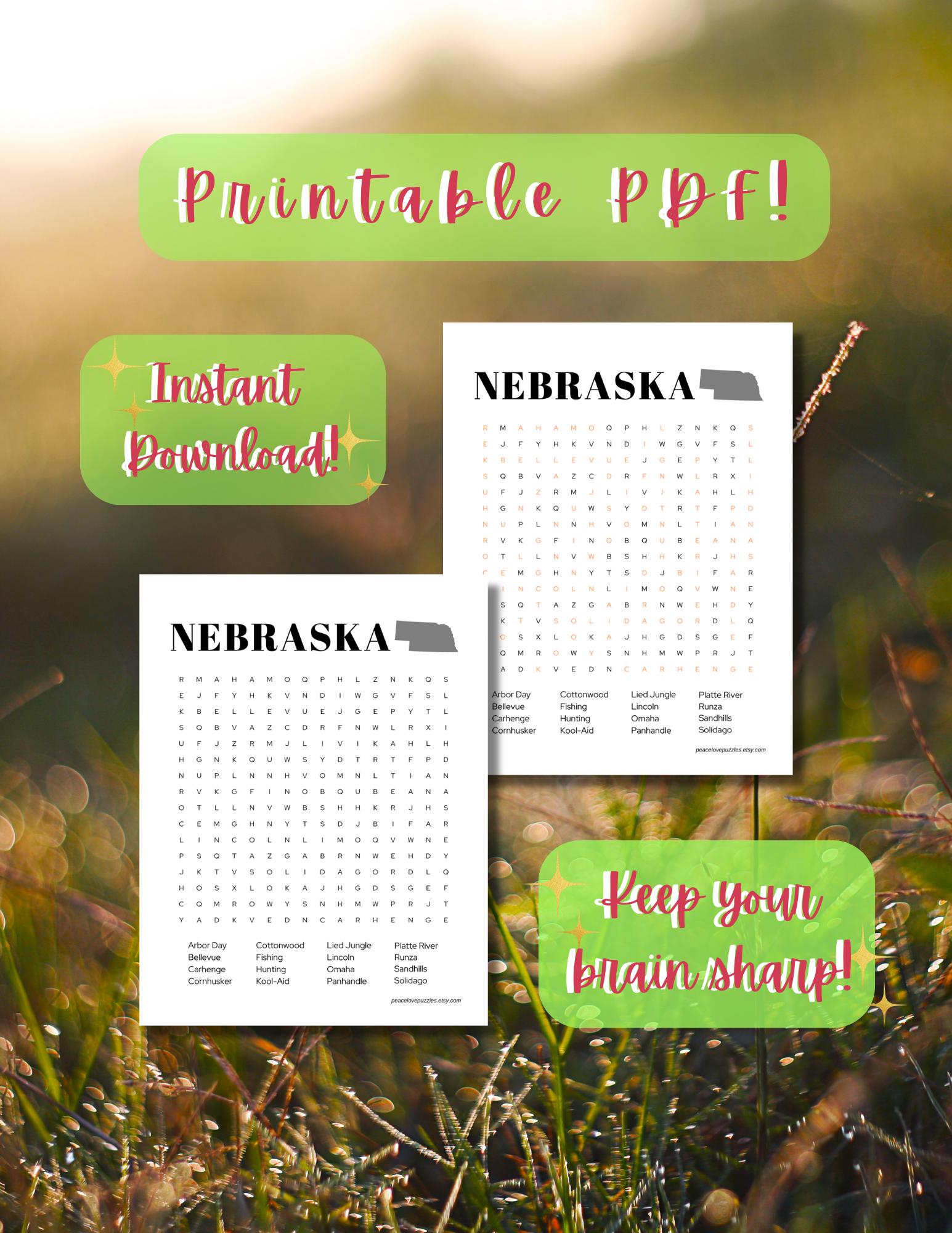 Nebraska Word Search Puzzle: State Landmarks & Facts (printable PDF) - Etsy