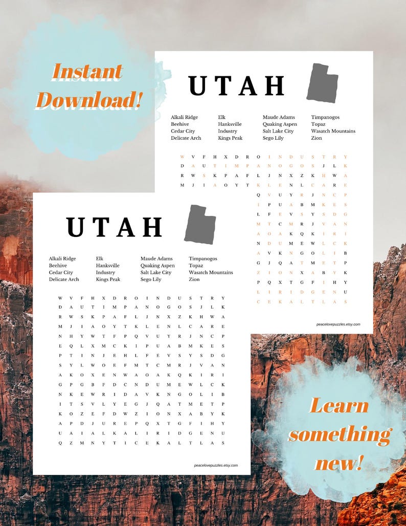 Utah Word Search Puzzle: Fun Travel Brain Game (printable PDF) - Etsy