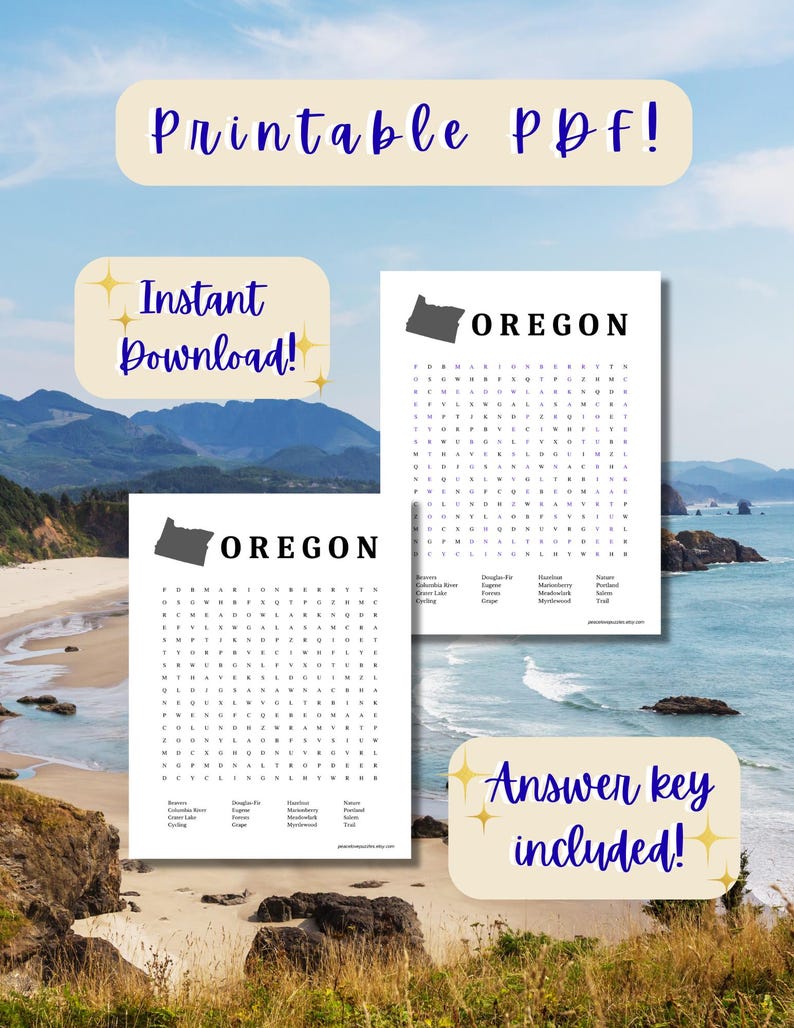 Oregon Word Search Puzzle: Learn & Play, US State Word Find (printable ...