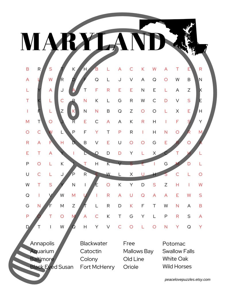 Maryland Word Search Puzzle: US State Word Find (printable PDF) - Etsy