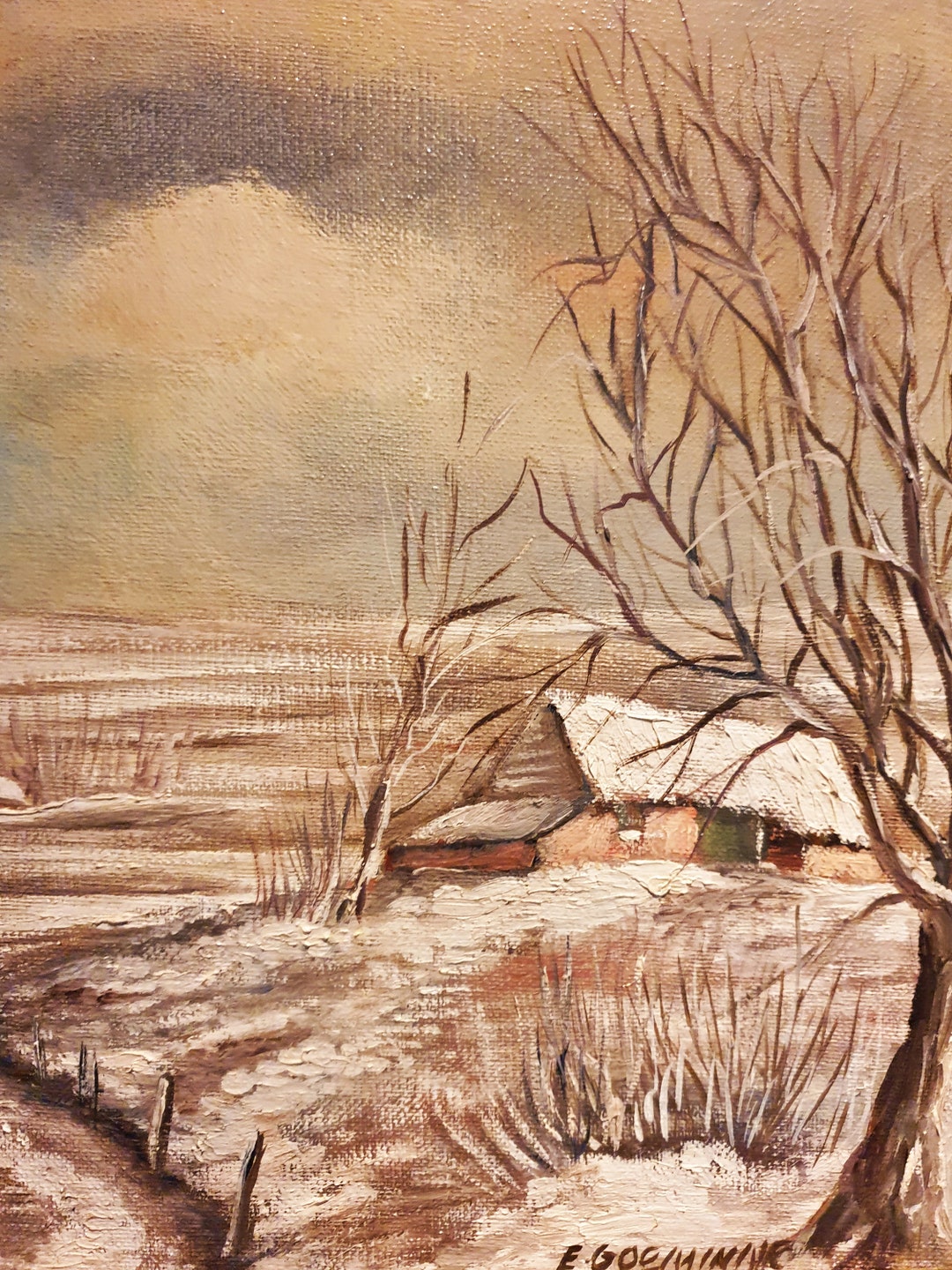 Eric Goeminne: 'winter Landscape in the Polders' Oil on Canvas Belgium ...