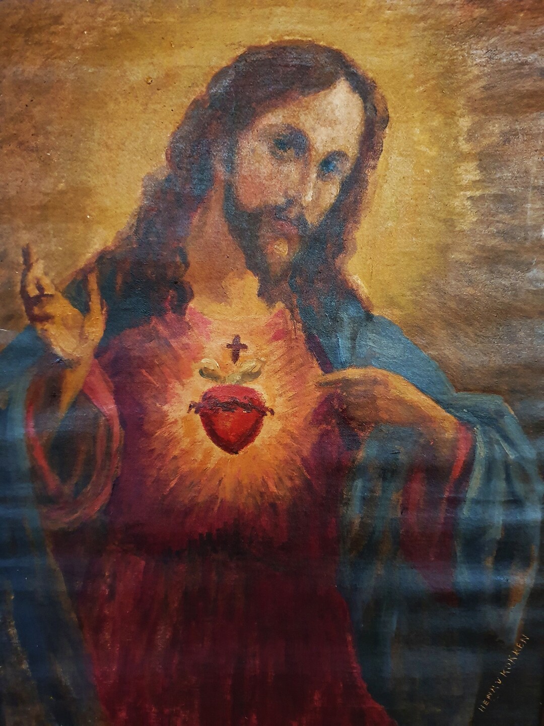 Henry Kokken: 'christus Sacred Heart' Oil on Canvas - Etsy