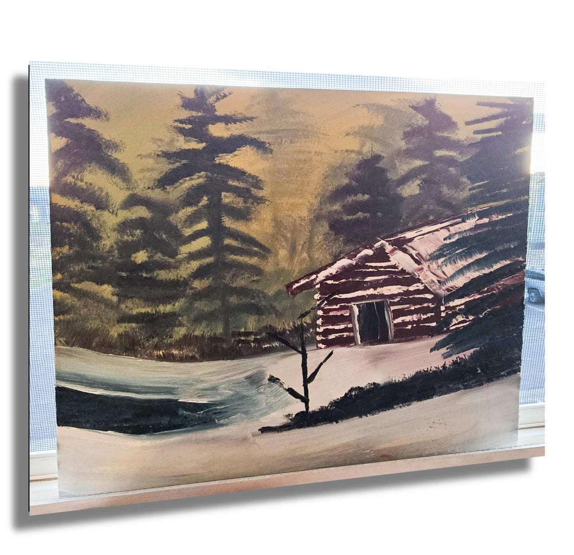A Bob Ross Fail Log Cabin Mountain Scene Oil Painting, 12x12 Canvas ...
