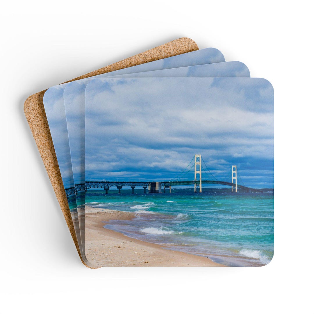 Michigan Mackinac Bridge Corkwood Coaster Set, Great Lakes Drink ...