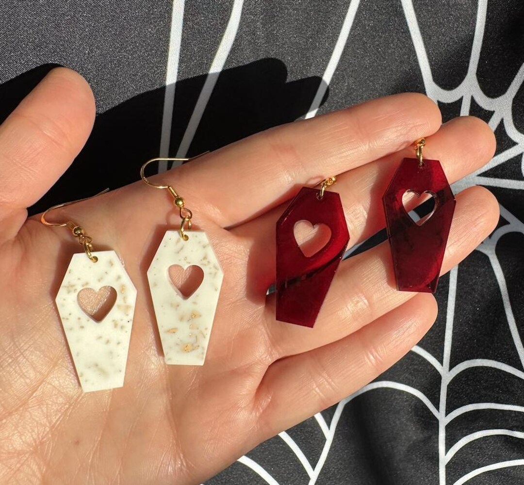 NEW! Heart/coffin Ecoresin Dangle Drop Earrings in Blood Red and White ...