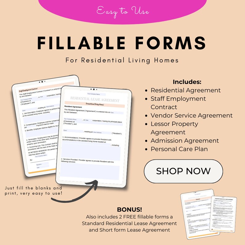 Fillable Residential Living Forms – Lease, Care Plan (digital Download ...