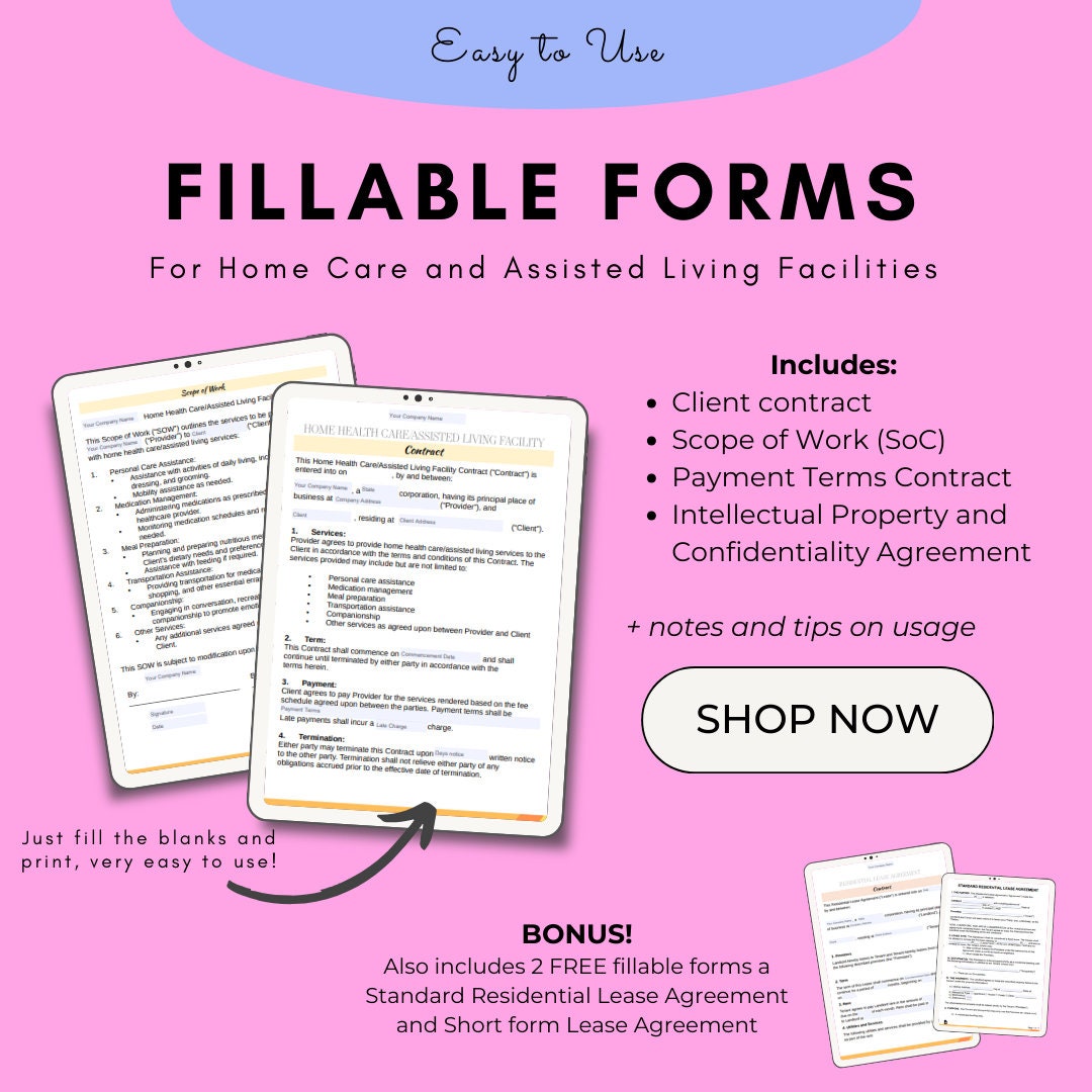 Home Health Care, Assisted Living Forms, Fillable Pdfs: Lease, Care ...