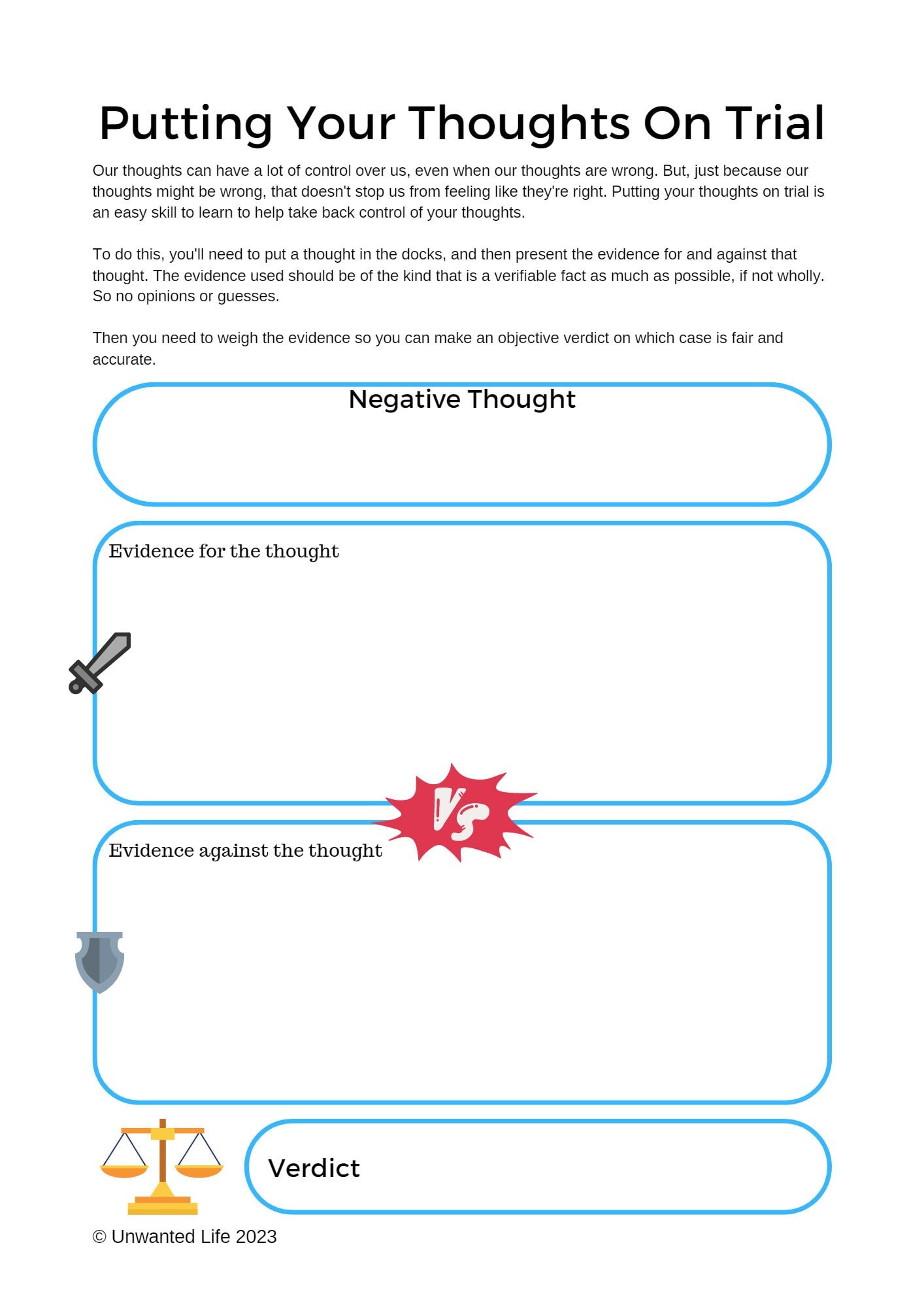 Mental Well-being Thought Challenge Worksheet: Putting Thoughts on ...