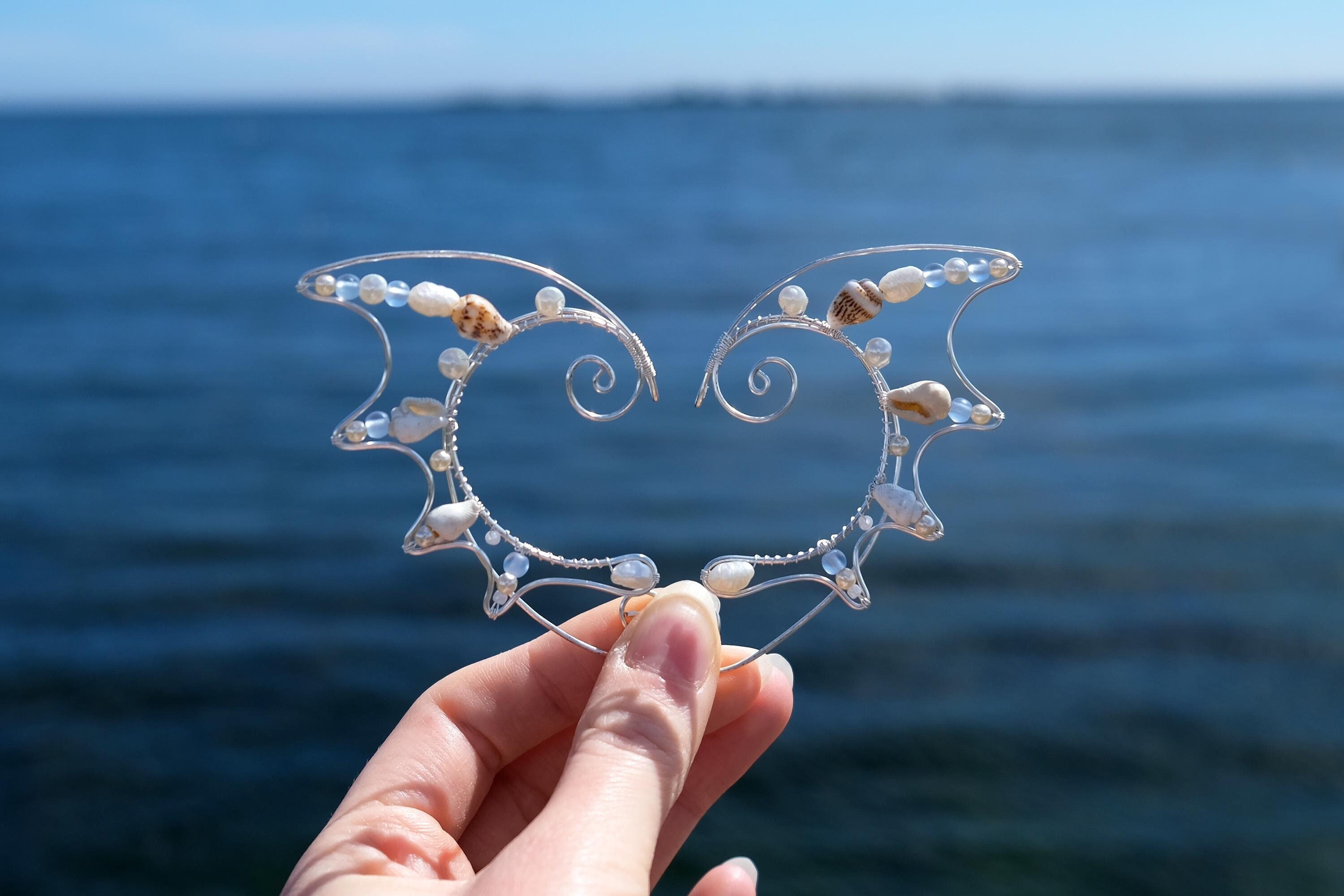 Mermaid Ear Cuffs With Pearls, Silver Wire Ear Cuffs, Shell Earrings ...