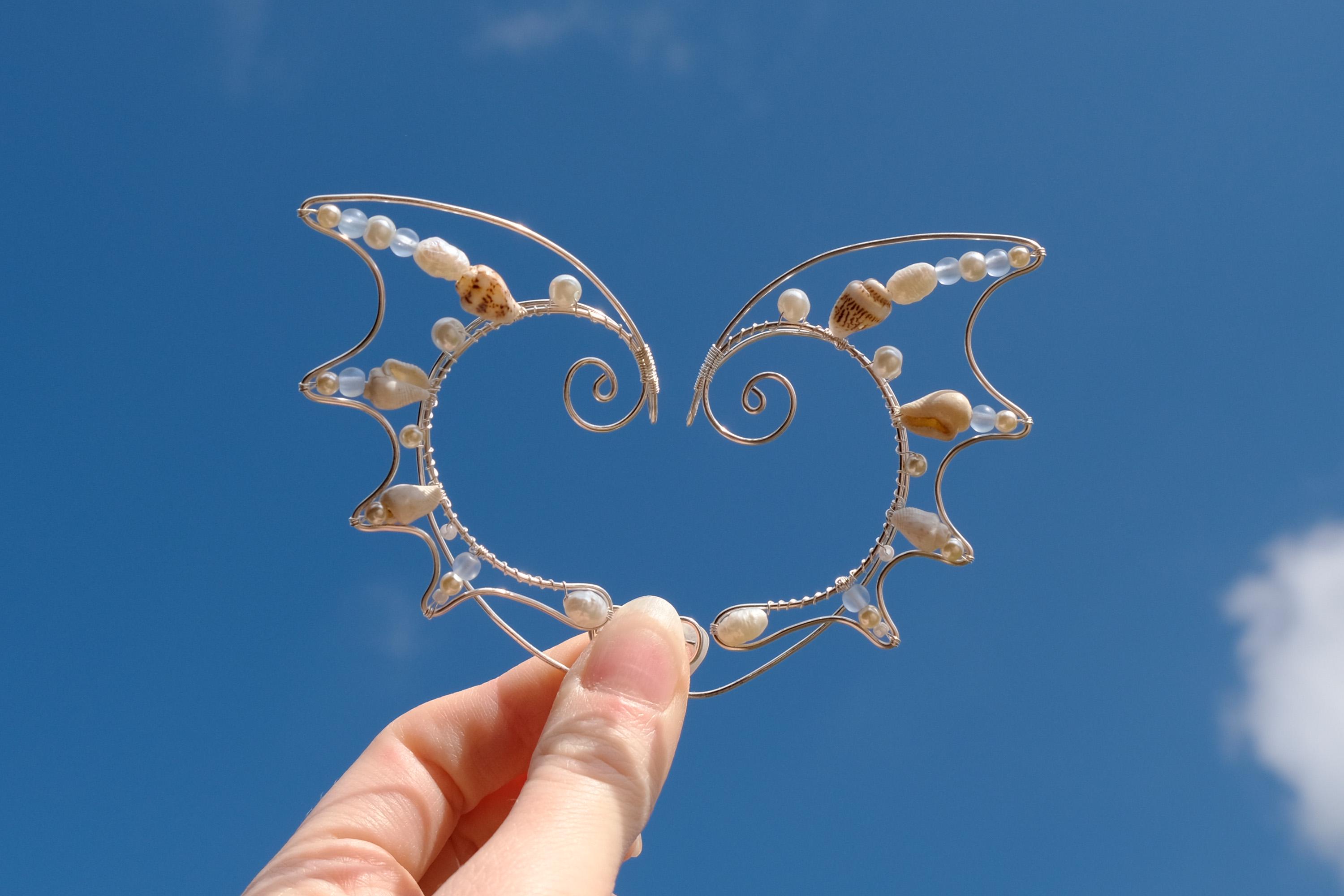 Mermaid Ear Cuffs With Pearls, Silver Wire Ear Cuffs, Shell Earrings ...