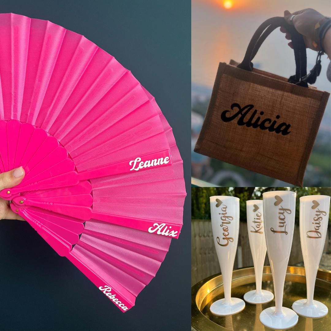 Hen Party Bundle Customised Bags, Fans and Flutes Bridal Party Baby ...