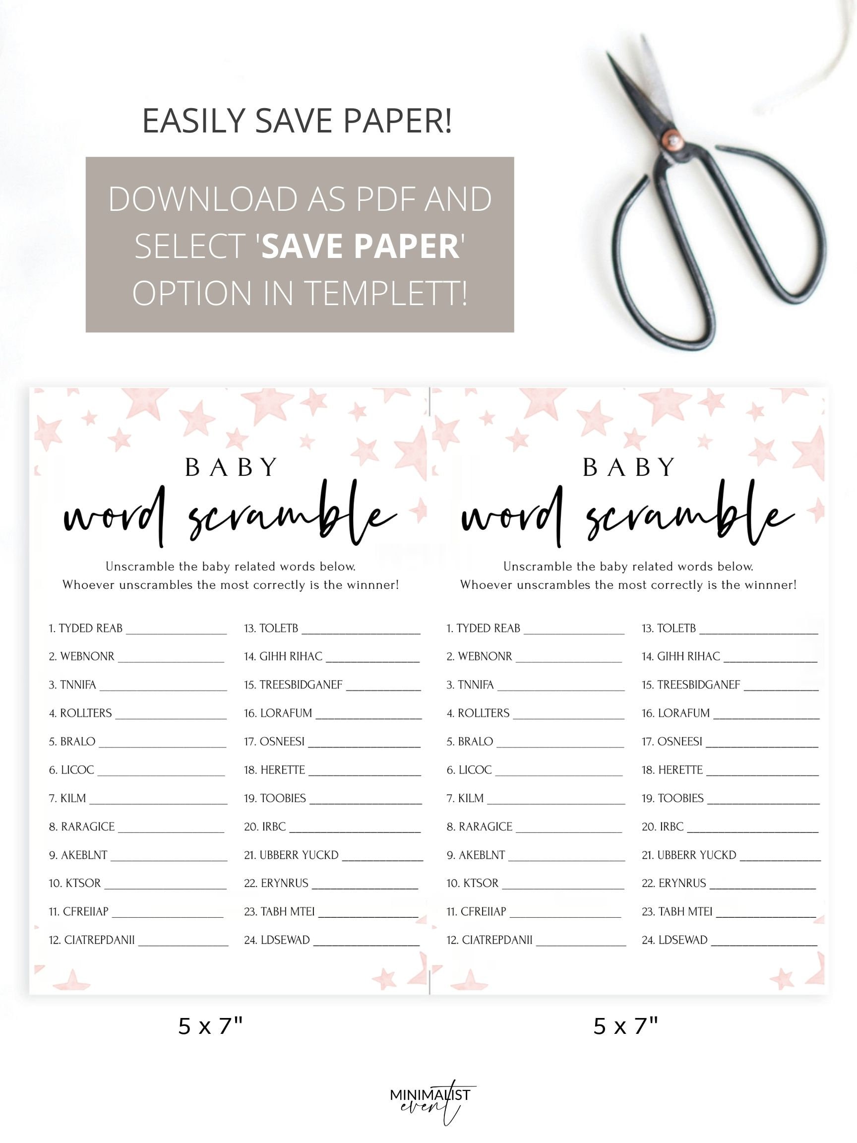 PINK STARS Baby Shower Word Scramble Game, Baby Word Scramble Game ...