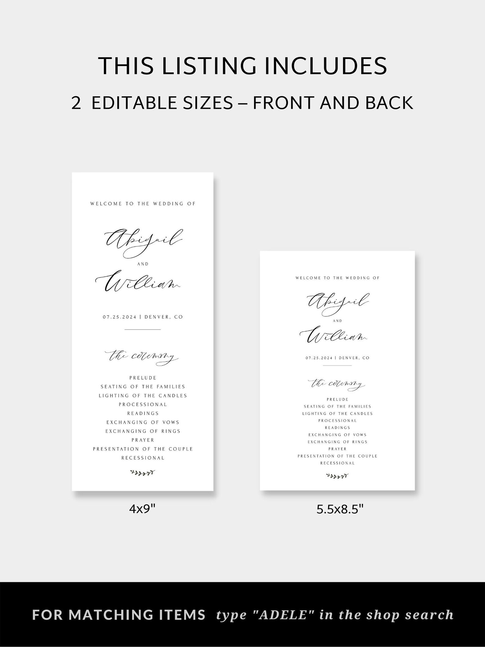 ADELE Wedding Program Template Download Minimalist Wedding - Etsy