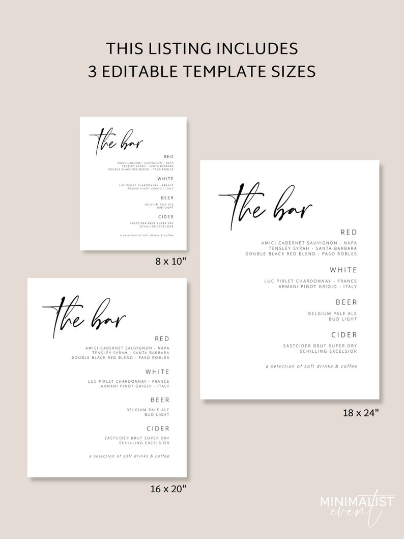 TARA Wedding Cocktail Menu Sign Template, Drink Menu Wedding Sign ...