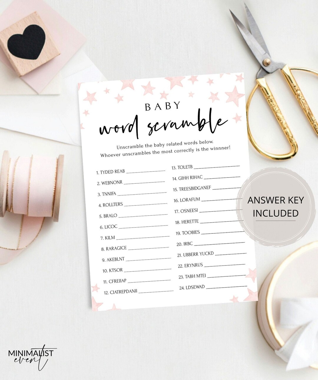 PINK STARS Baby Shower Word Scramble Game, Baby Word Scramble Game ...