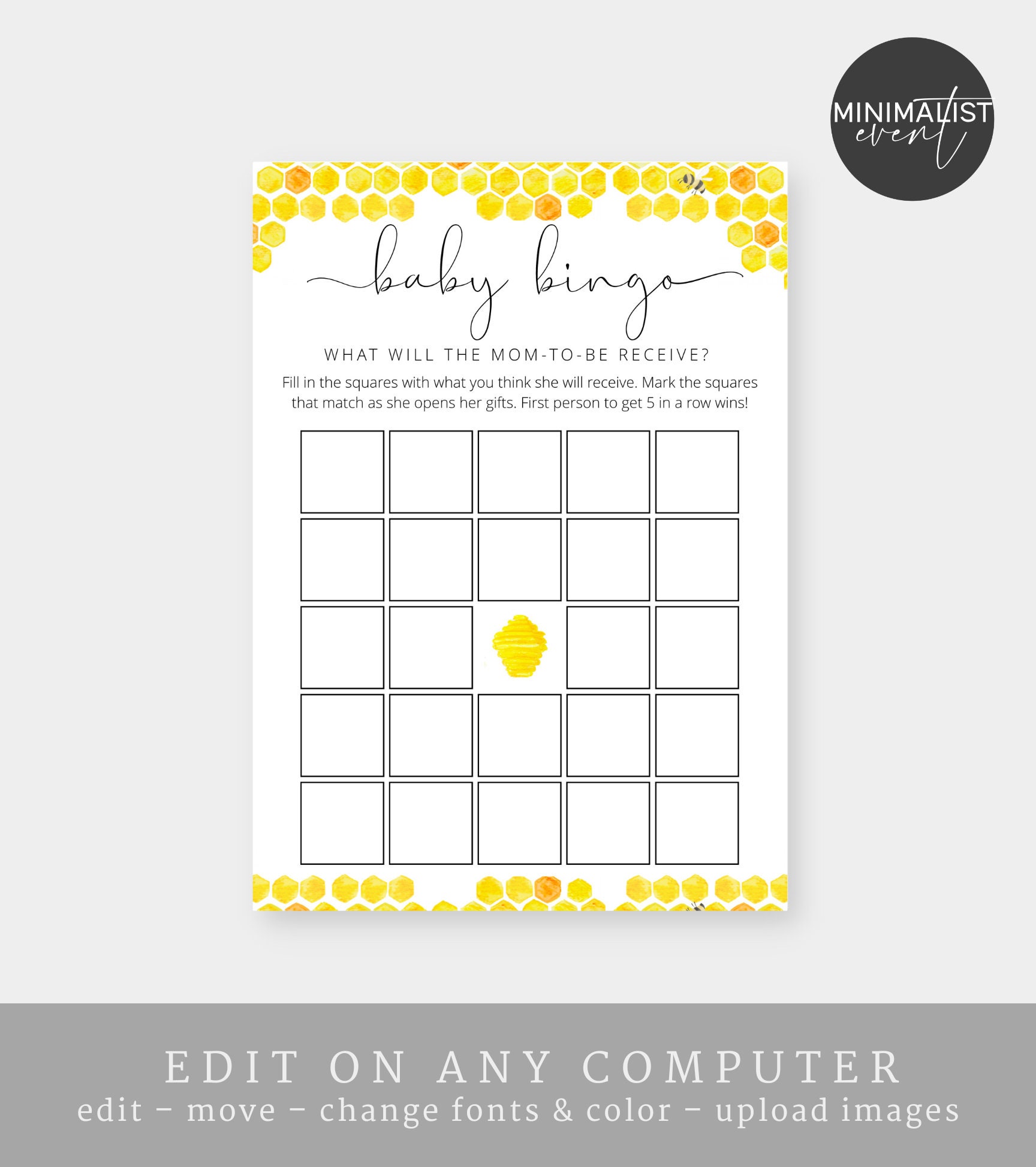 BEE Baby Shower Bingo Card, Baby Shower Bee Theme, Bee Baby Shower ...