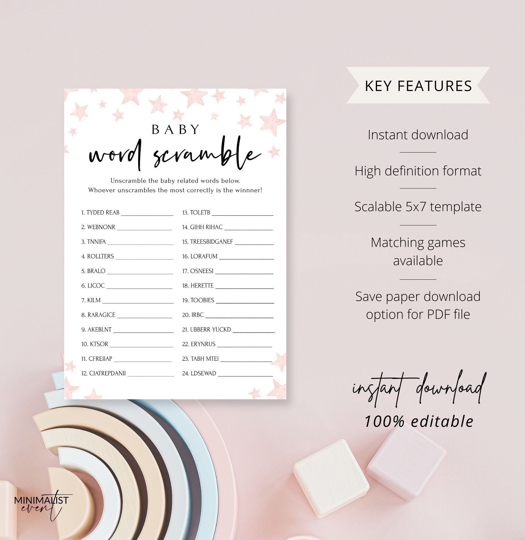 PINK STARS Baby Shower Word Scramble Game, Baby Word Scramble Game ...
