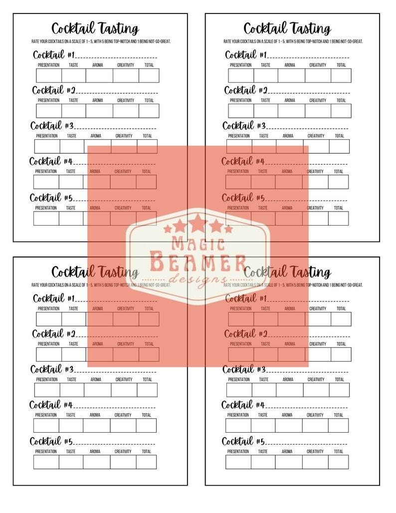 Cocktail Tasting Scorecard, Cocktail Competition, Cocktail Tasting Card ...