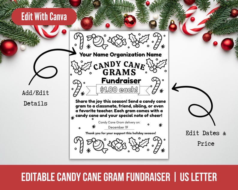 Editable Candy Cane Gram Fundraiser Black White, Candy Cane Gram Kit ...