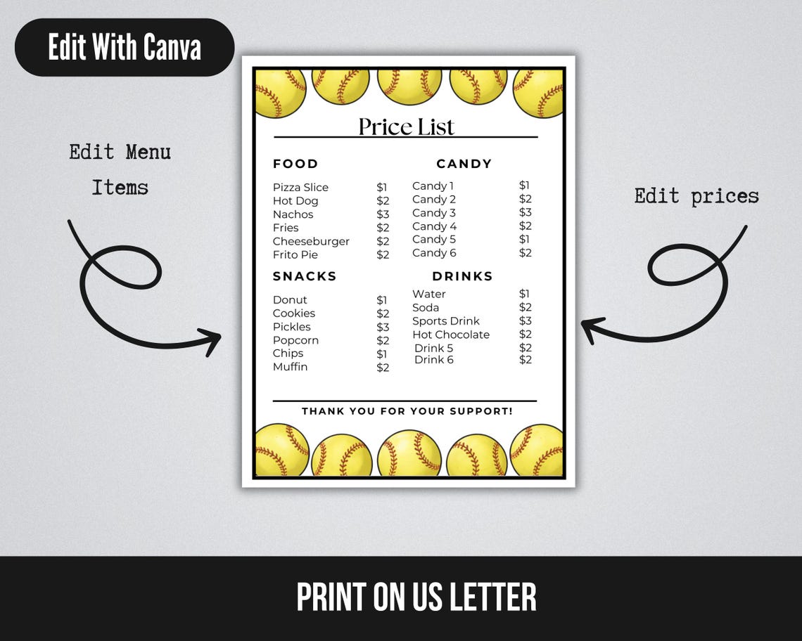 Editable Softball Concession Stand Price List Menu, Softball Concession ...