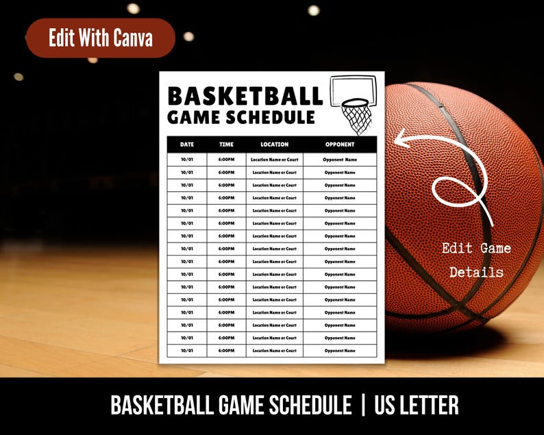 Editable Basketball Game Schedule Template, Basketball Team Schedule ...