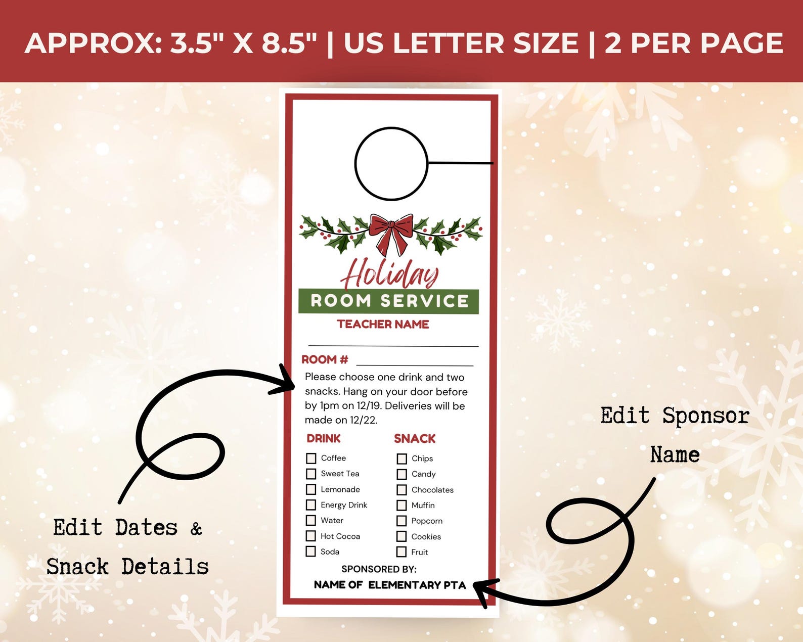 Editable Christmas Teacher Room Service Door Hanger, Christmas Teacher ...