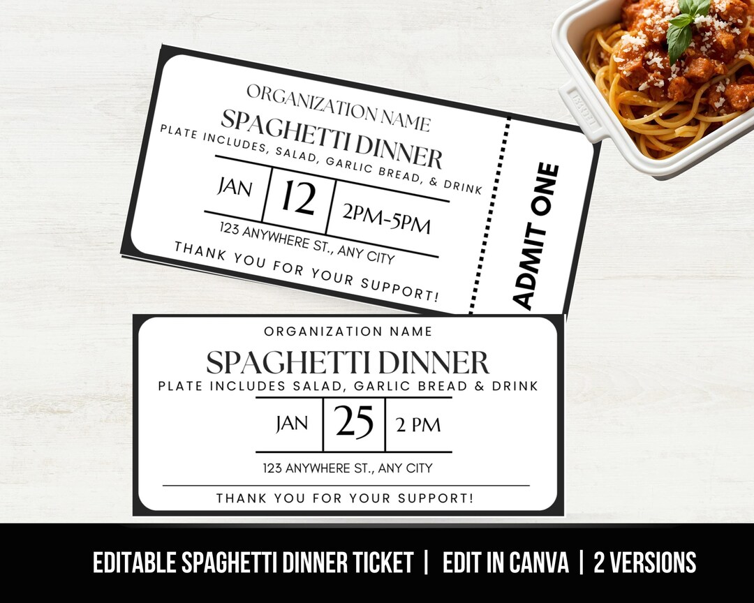 Editable Spaghetti Dinner Fundraiser Ticket, Fundraiser Plate Sale ...