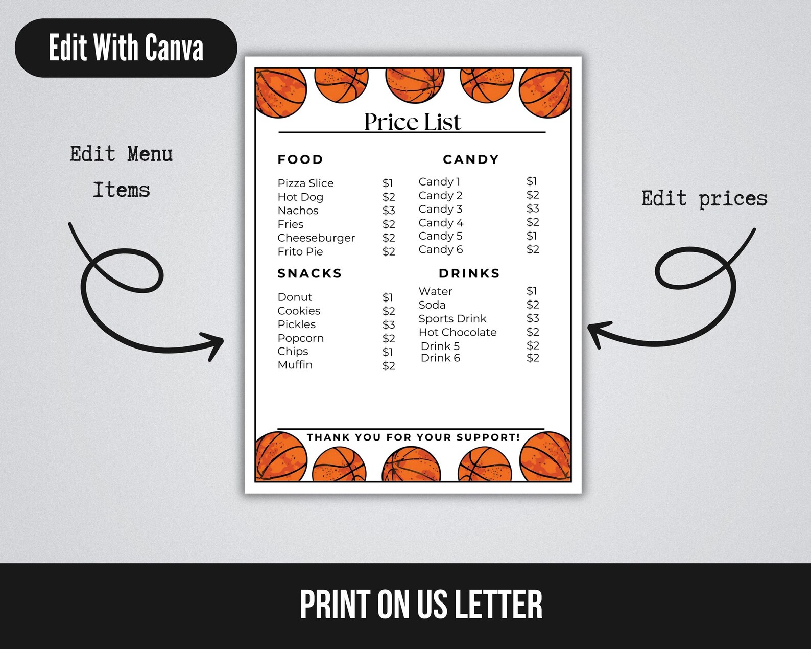 Editable Basketball Concession Stand Price List Menu, Basketball Snack ...