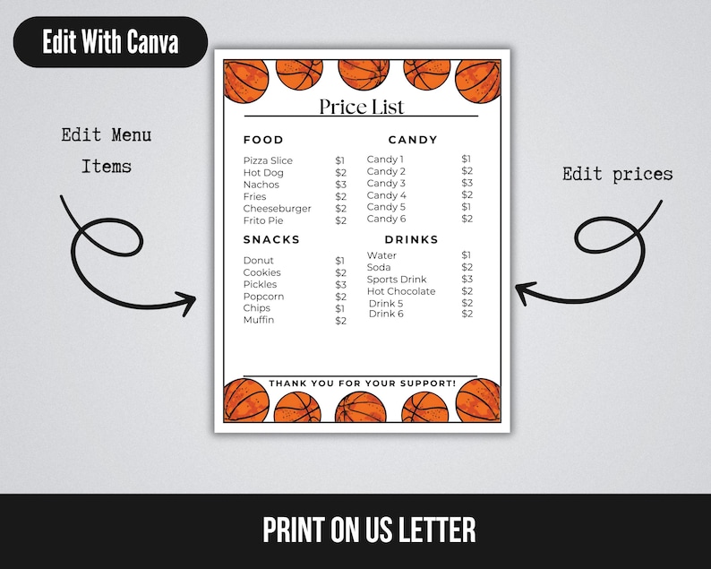 Editable Basketball Concession Stand Price List Menu, Basketball Snack ...