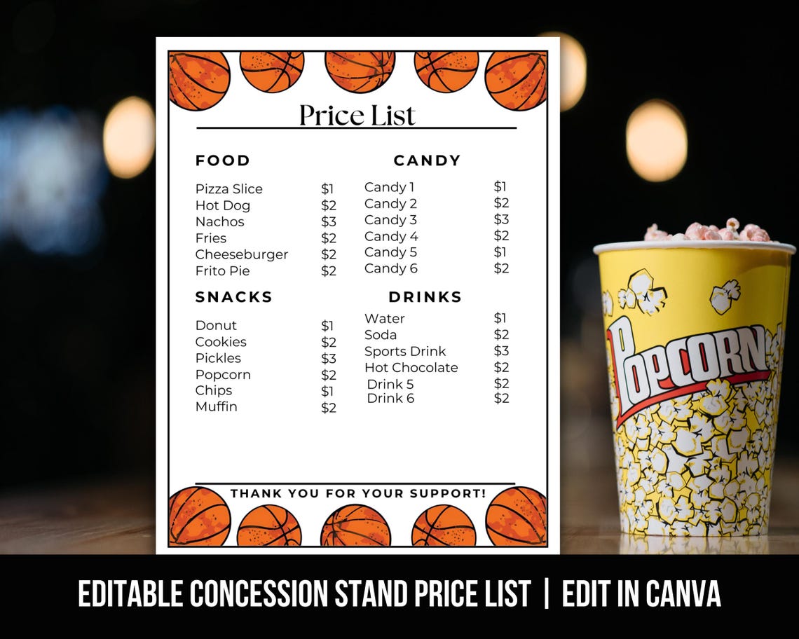 Editable Basketball Concession Stand Price List Menu, Basketball Snack ...