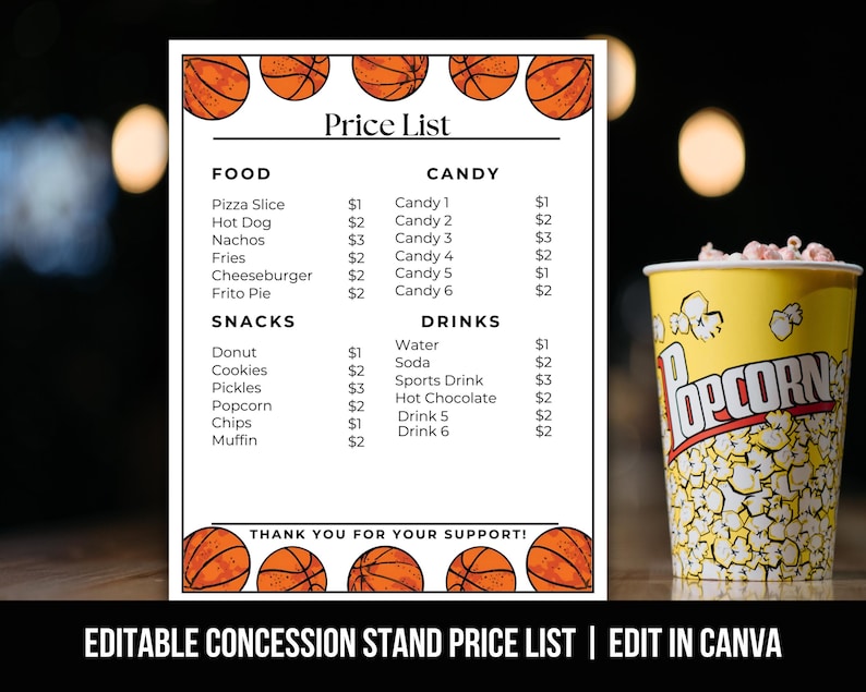 Editable Basketball Concession Stand Price List Menu, Basketball Snack ...