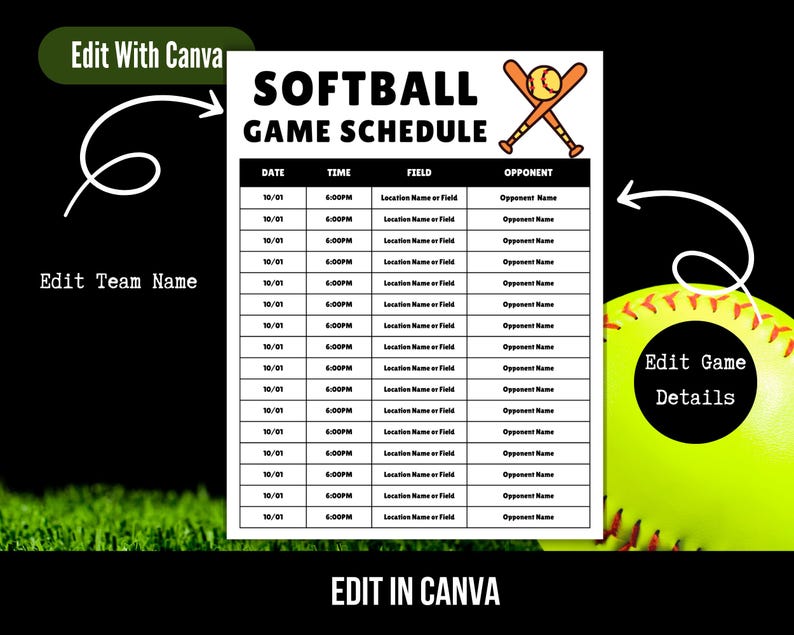 Editable Softball Game Schedule Template, Softball Team Schedule ...