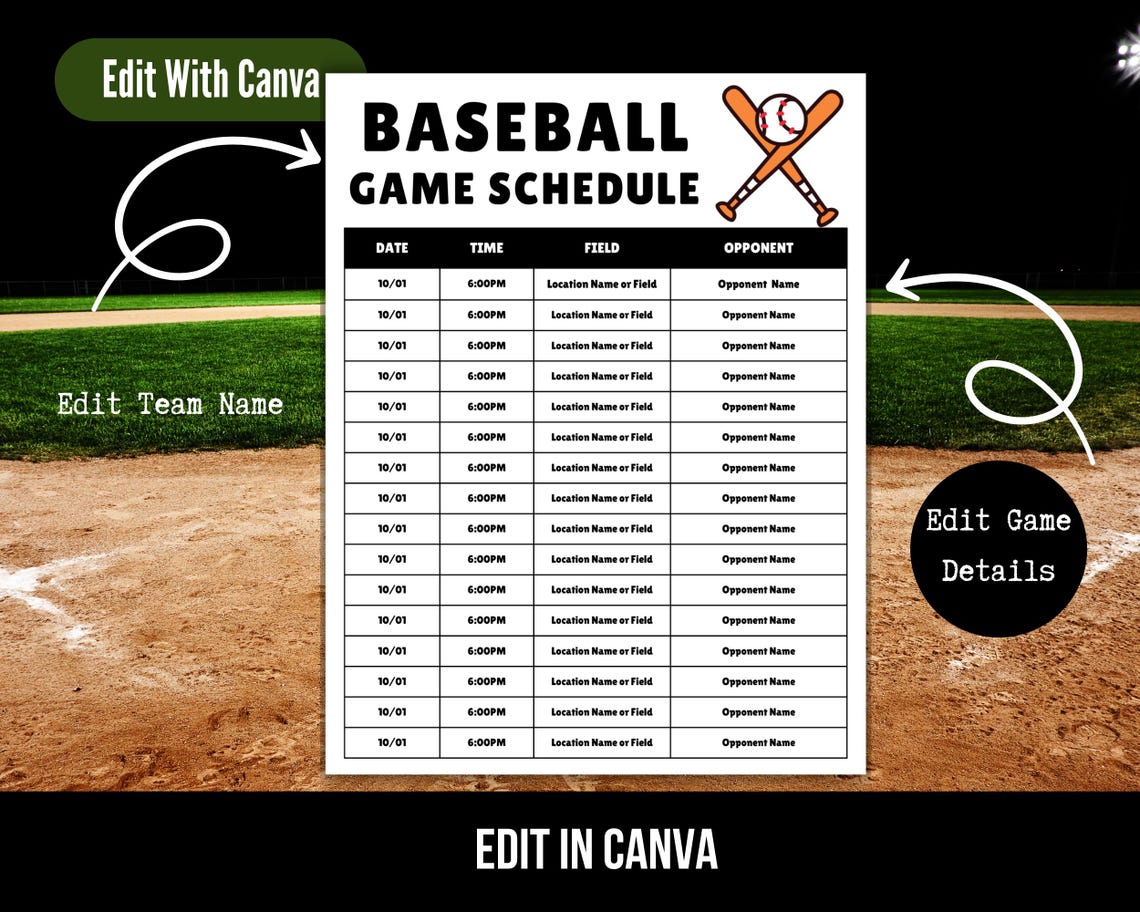 Editable Baseball Game Schedule Template, Baseball Team Schedule ...