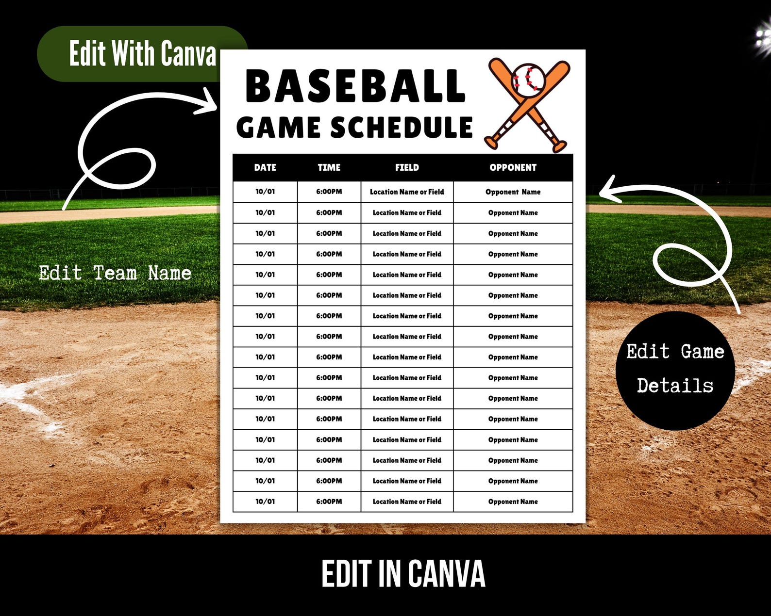 Editable Baseball Game Schedule Template, Baseball Team Schedule ...