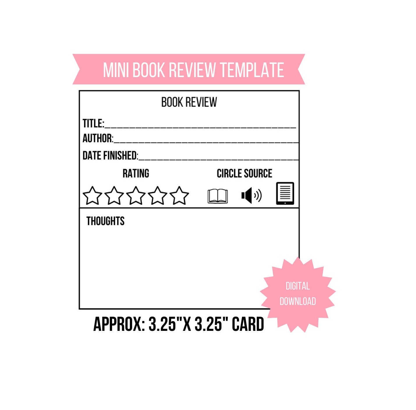 Mini Book Review for Book Journal, Book Review for Reading Journal ...