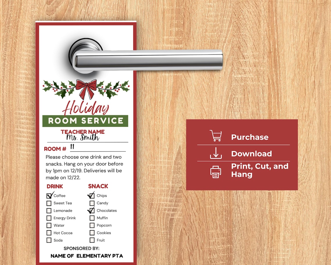 Editable Christmas Teacher Room Service Door Hanger, Christmas Teacher ...