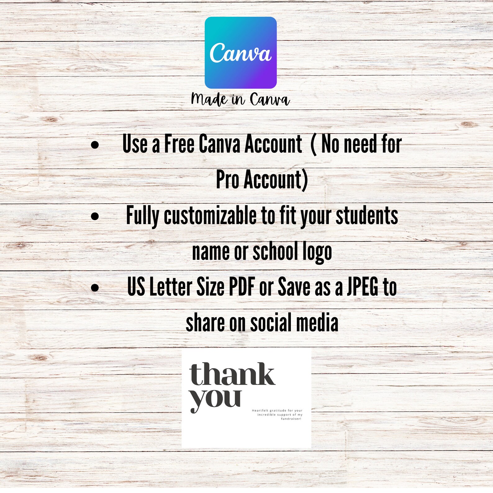 Editable Thank You for Your Support Fundraiser 5x7 Flat Card, Simple ...
