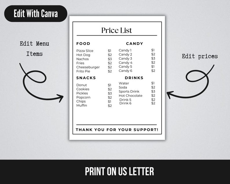 Editable Concession Stand Price List Menu, Simple Food Stand Menu Price ...